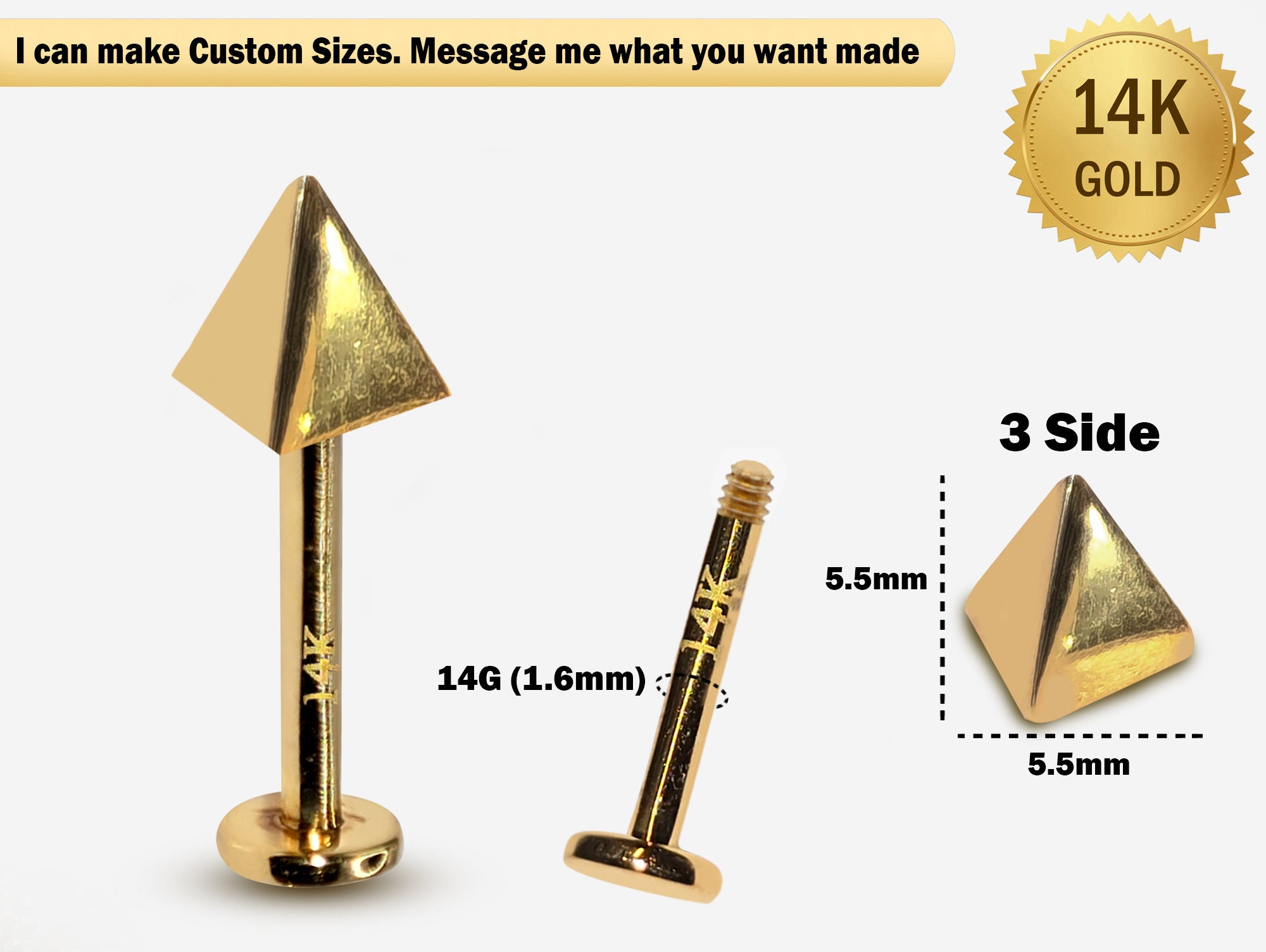 14K Gold Spike Pyramid Labret Stud Lip Jewellery, Lip Piercing Tragus ...
