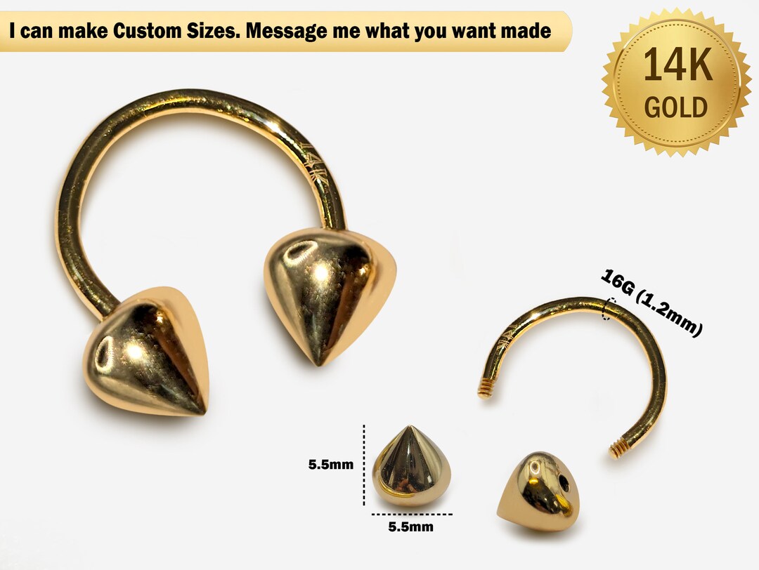 14K Gold Round Cone Septum Horseshoe Barbell, Septum Ring, Lip Piercing ...