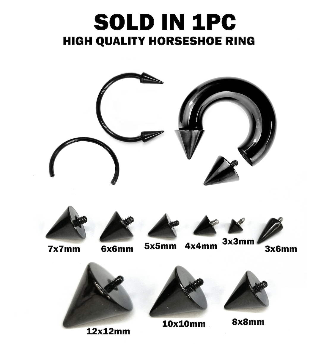 Black Spike Horseshoe Ring: Internally Threaded Surgical Steel Body ...