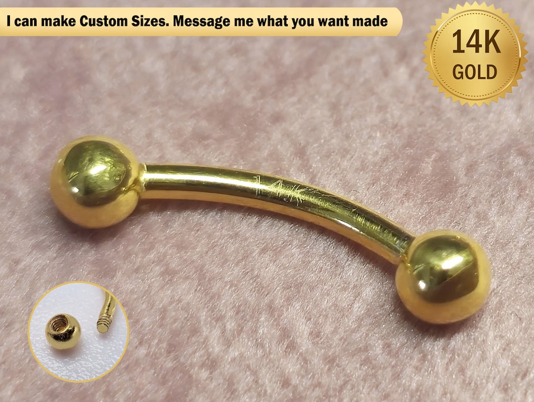 14K Real Gold Curved Barbell Piercing, Lip Barbell, Eyebrow Piercing ...