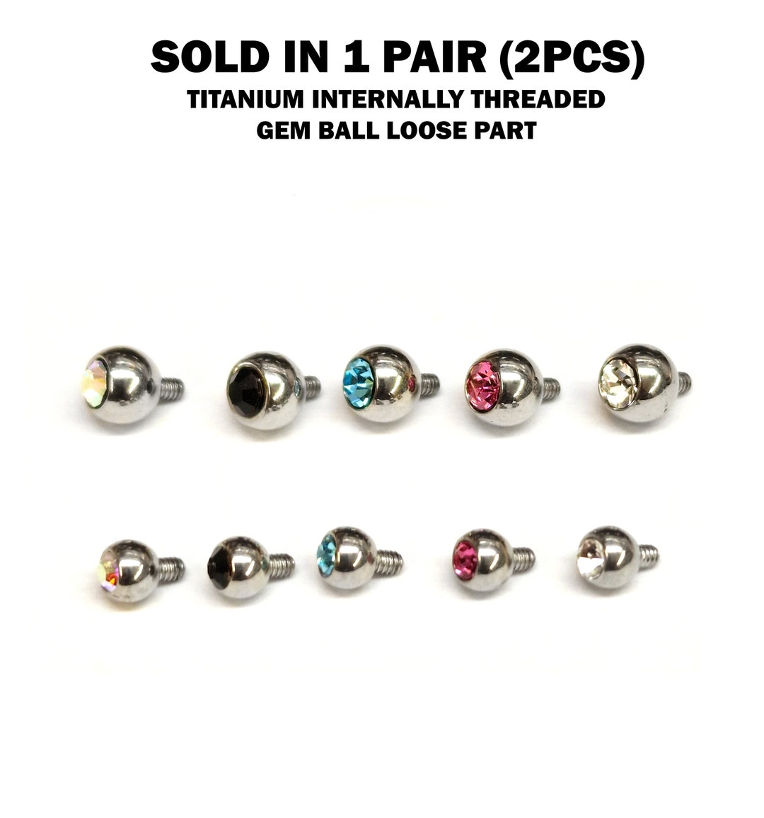 Titanium Internal Piercing Balls (2pcs) With CZ Gem Crystals Loose Part ...