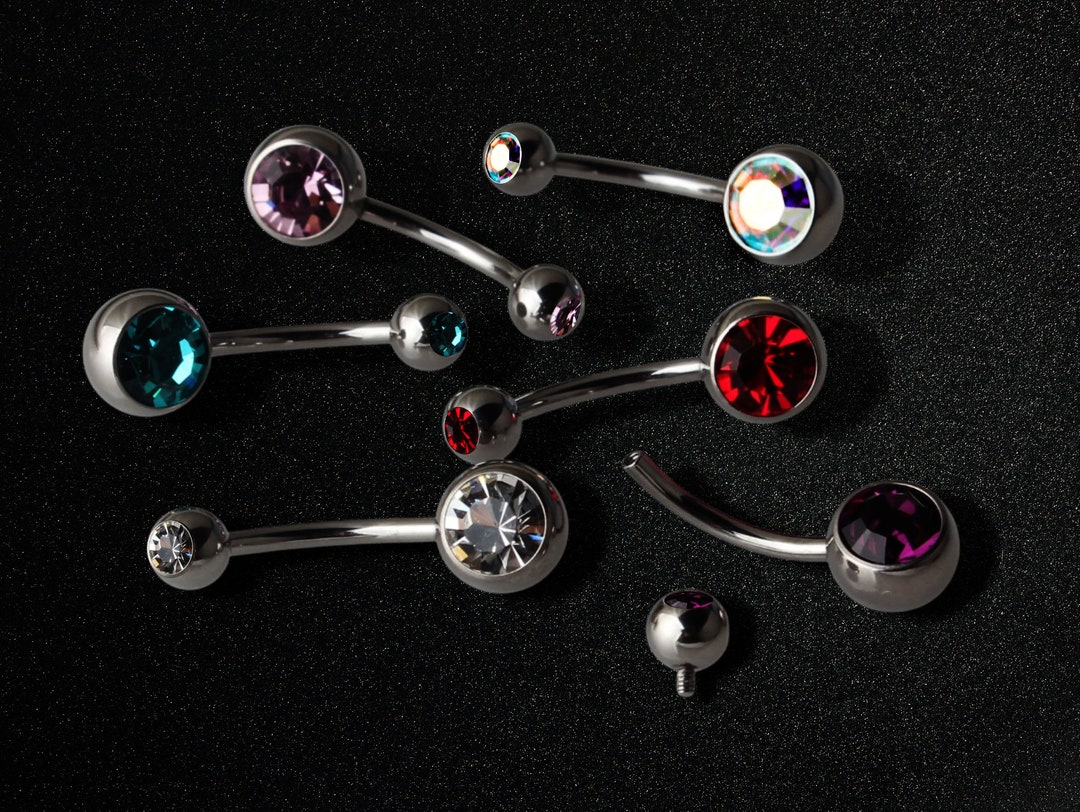 Titanium Internally Threaded Belly Ring Double Gem CZ Crystal Bent ...