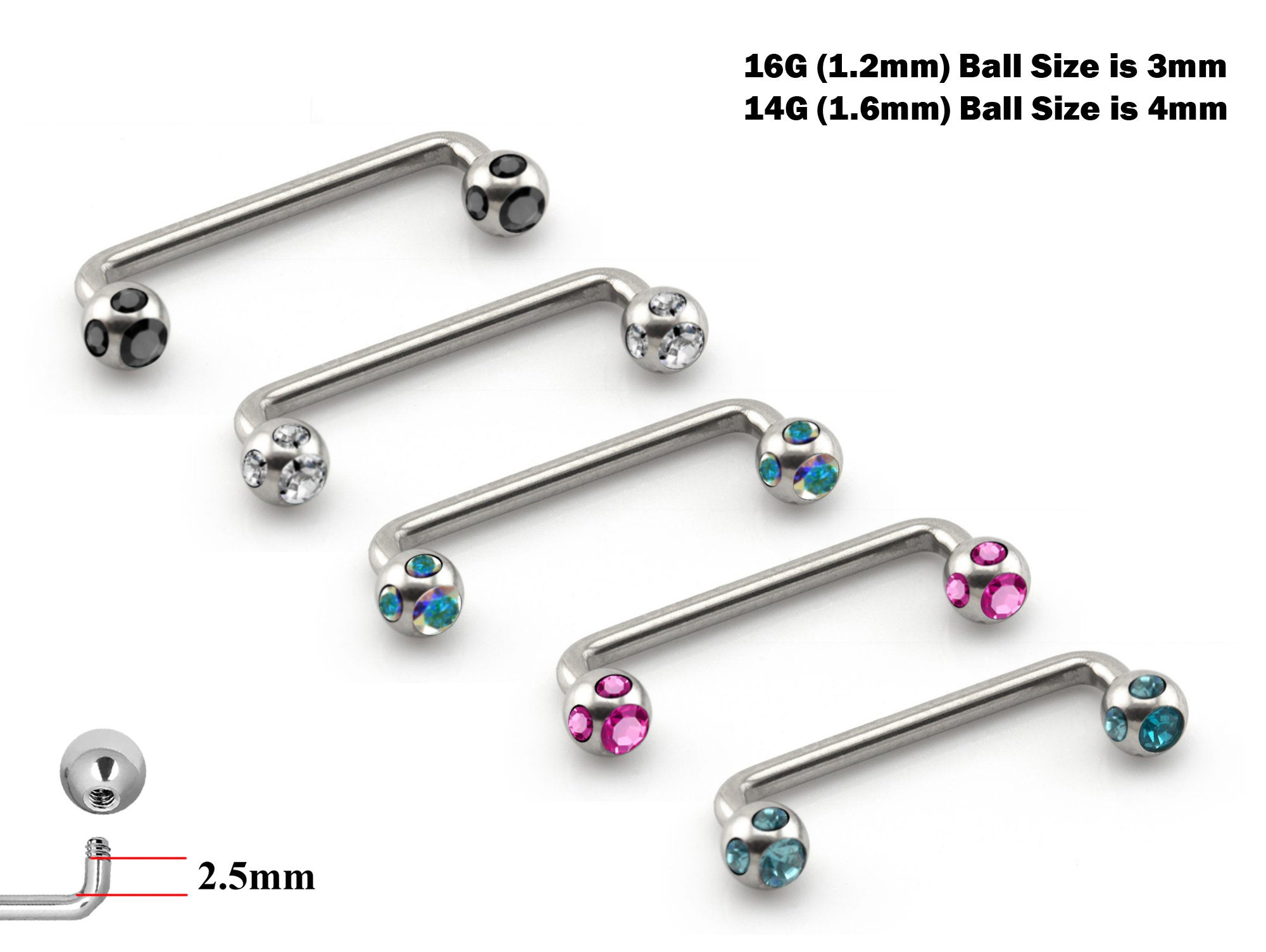 Titanium Surface Piercing With Multi CZ Crystals 16G 14G Body Jewelry ...