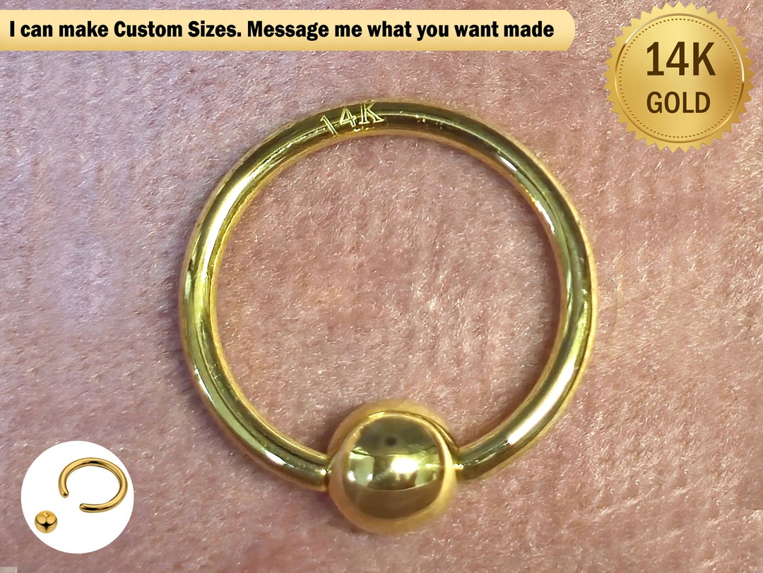 14K Real Gold Ball Closure Ring, Ball Hoop Septum Ring Body Piercing ...