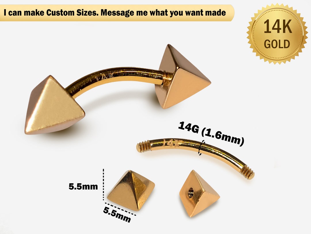 14K Gold Pyramid Design Spike Eyebrow Piercing Curved Barbell Piercing ...