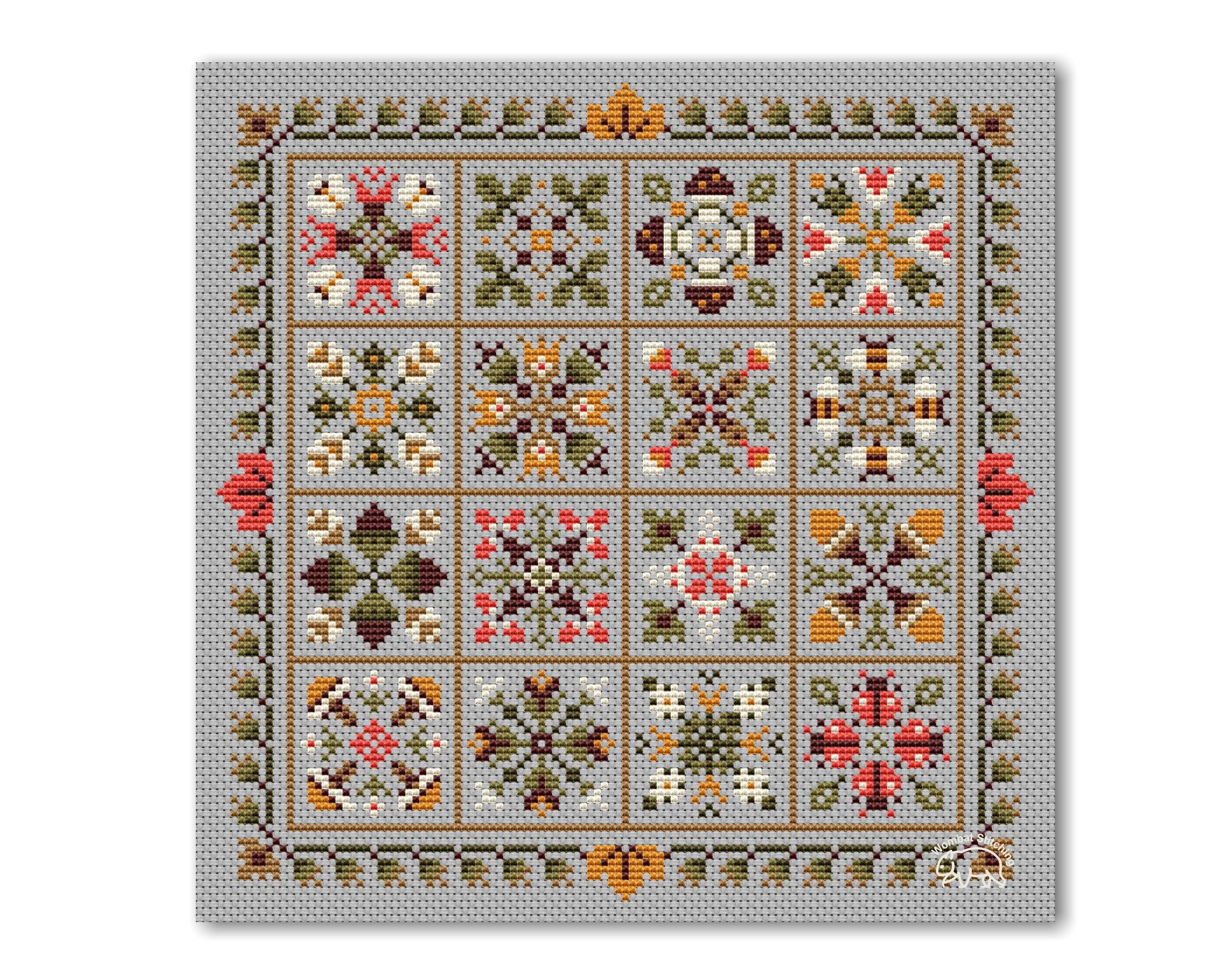 Autumn Patchwork Cross Stitch Pattern: Floral Sampler 4x4 Square (PDF ...