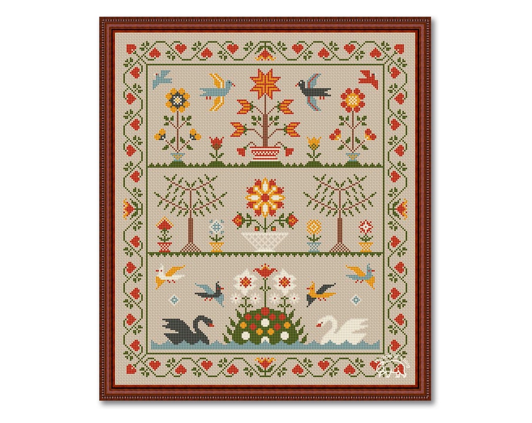 Cross Stitch Pattern Flowers and Birds, Sampler Primitive Flowers and ...