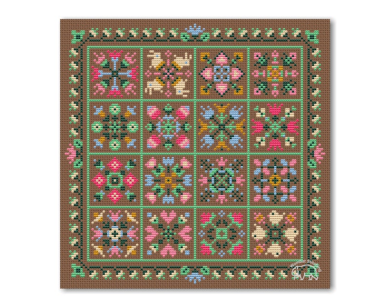 Spring Flowers Cross Stitch Patchwork: Floral Ornament Sampler Square ...