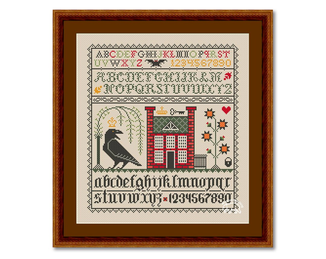 House and Raven Cross Stitch Sampler: Primitive Alphabet Pattern (PDF ...