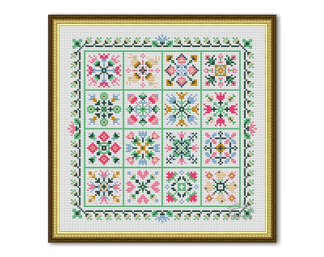 Spring Flowers Cross Stitch Patchwork: Floral Ornament Sampler Square ...