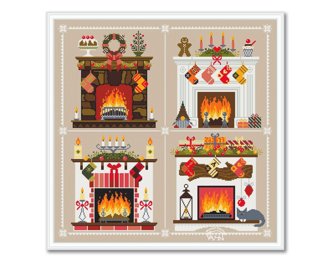 Christmas Fireplaces Cross Stitch, Winter Primitive Fireplaces Pattern ...