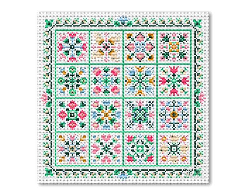 Spring Flowers Cross Stitch Patchwork: Floral Ornament Sampler Square ...
