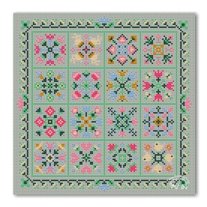 Spring Flowers Cross Stitch Patchwork: Floral Ornament Sampler Square ...