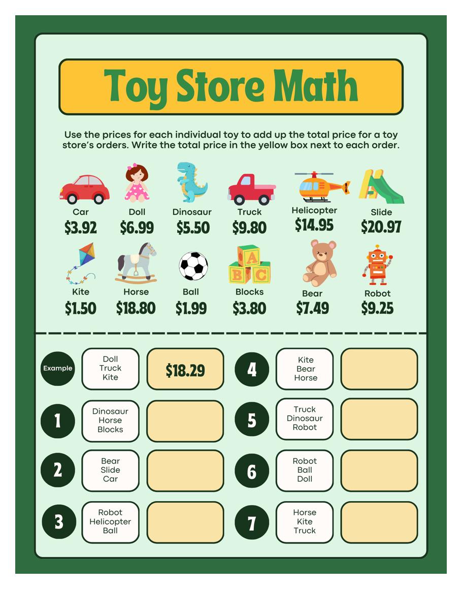Toy Store Math Worksheet | Fun Money Math Activity for Kids | Add Coins ...