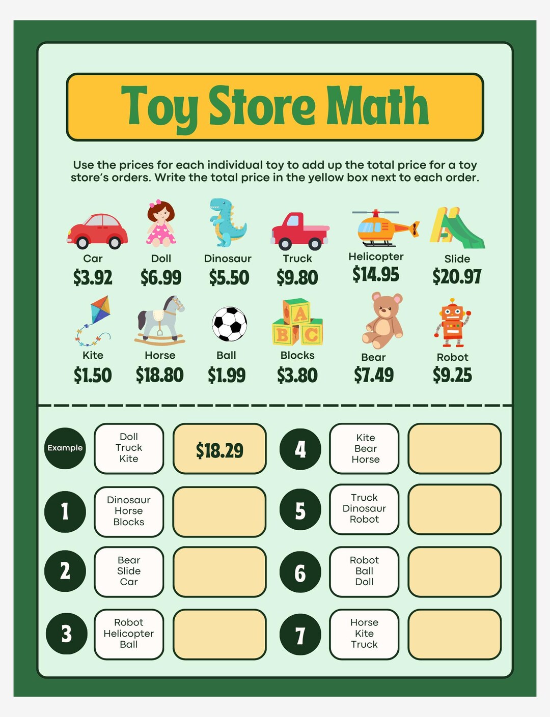 Toy Store Math Worksheet | Fun Money Math Activity for Kids | Add Coins ...