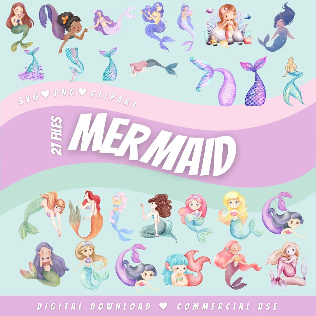 Mermaid SVG PNG Clip Art Bundle Watercolor Files for Cricut Mega Pack ...