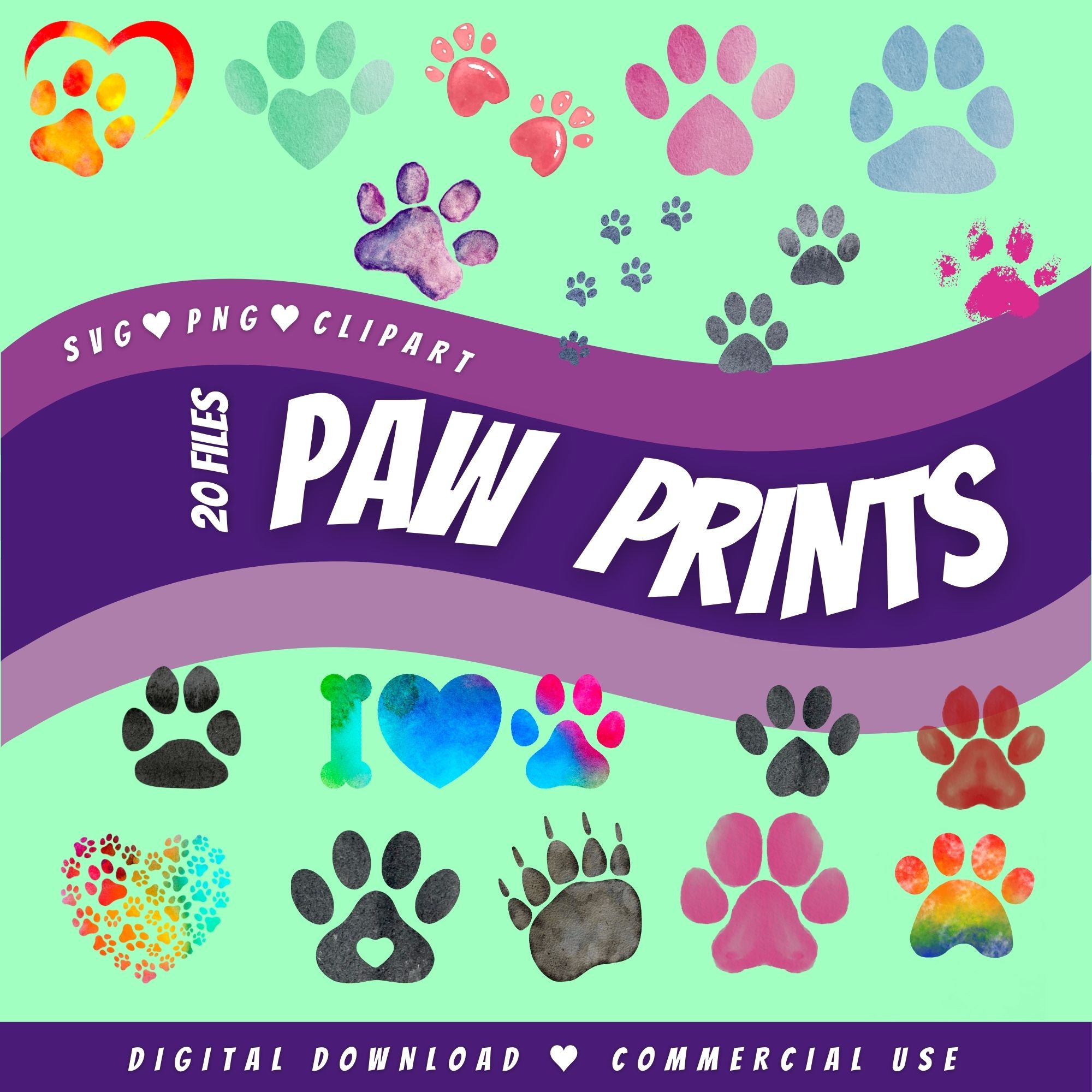 Paw Print Watercolor SVG PNG Clipart Bundle Files for Cricut Dog Mega ...