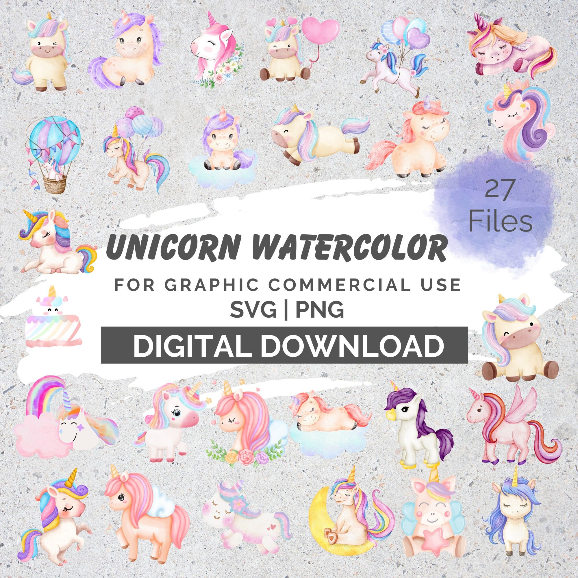 Unicorn SVG PNG Clipart Image Bundle Watercolor Files for Cricut Mega ...