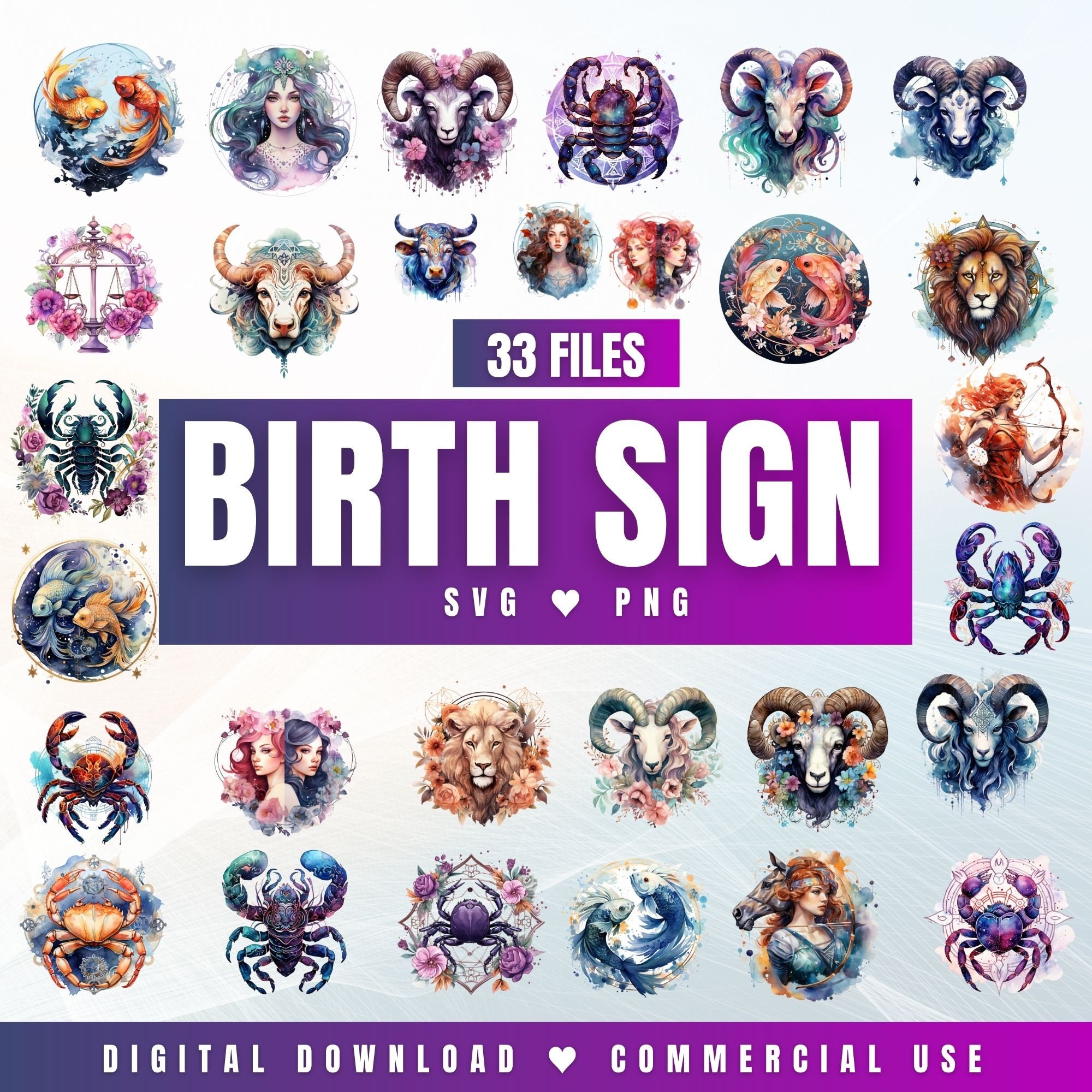 Birth Sign Watercolor SVG PNG Clipart Files Cricut Month Silhouette ...