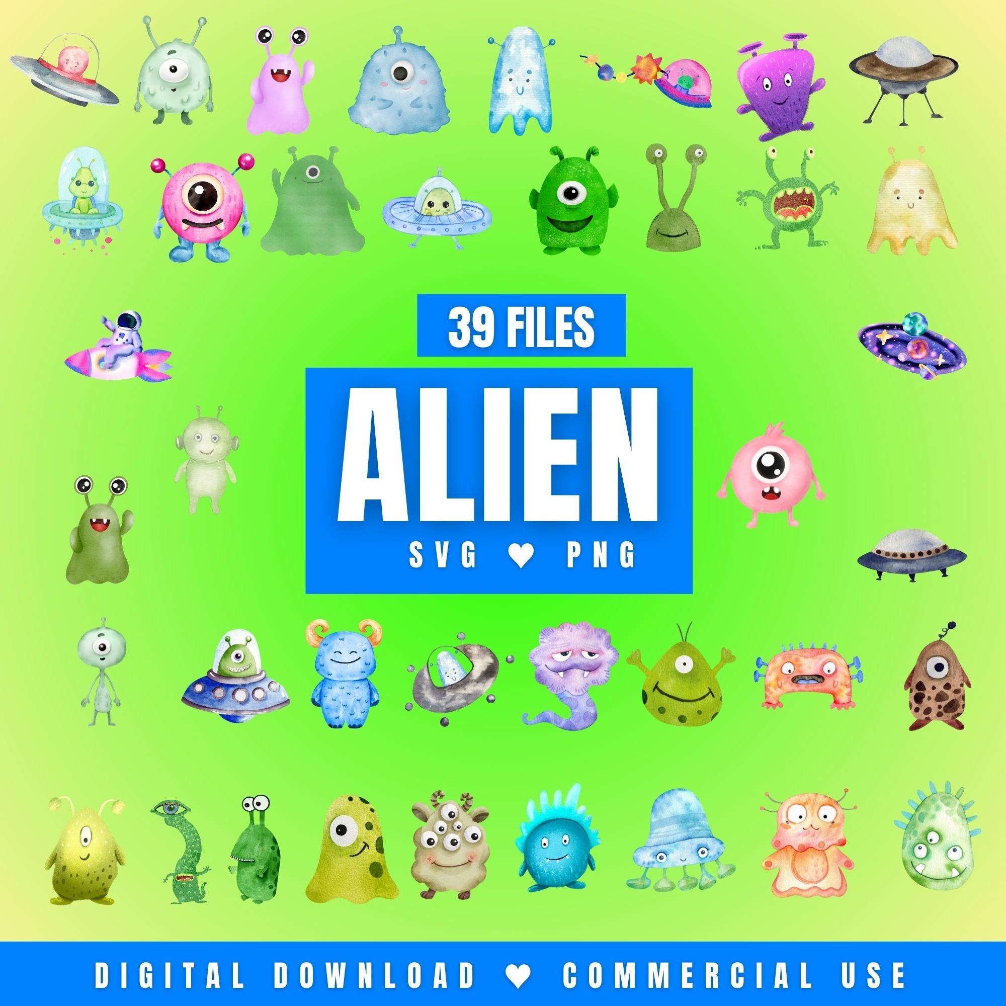 Alien Watercolor SVG PNG Clipart Bundle Ufo for Cricut Boots Pack ...