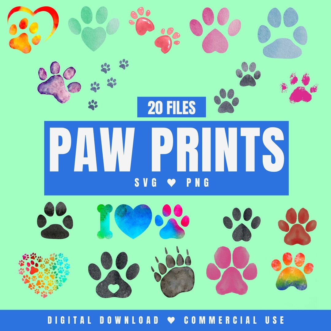 Paw Print Watercolor SVG PNG Clipart Bundle Files for Cricut Dog Mega ...