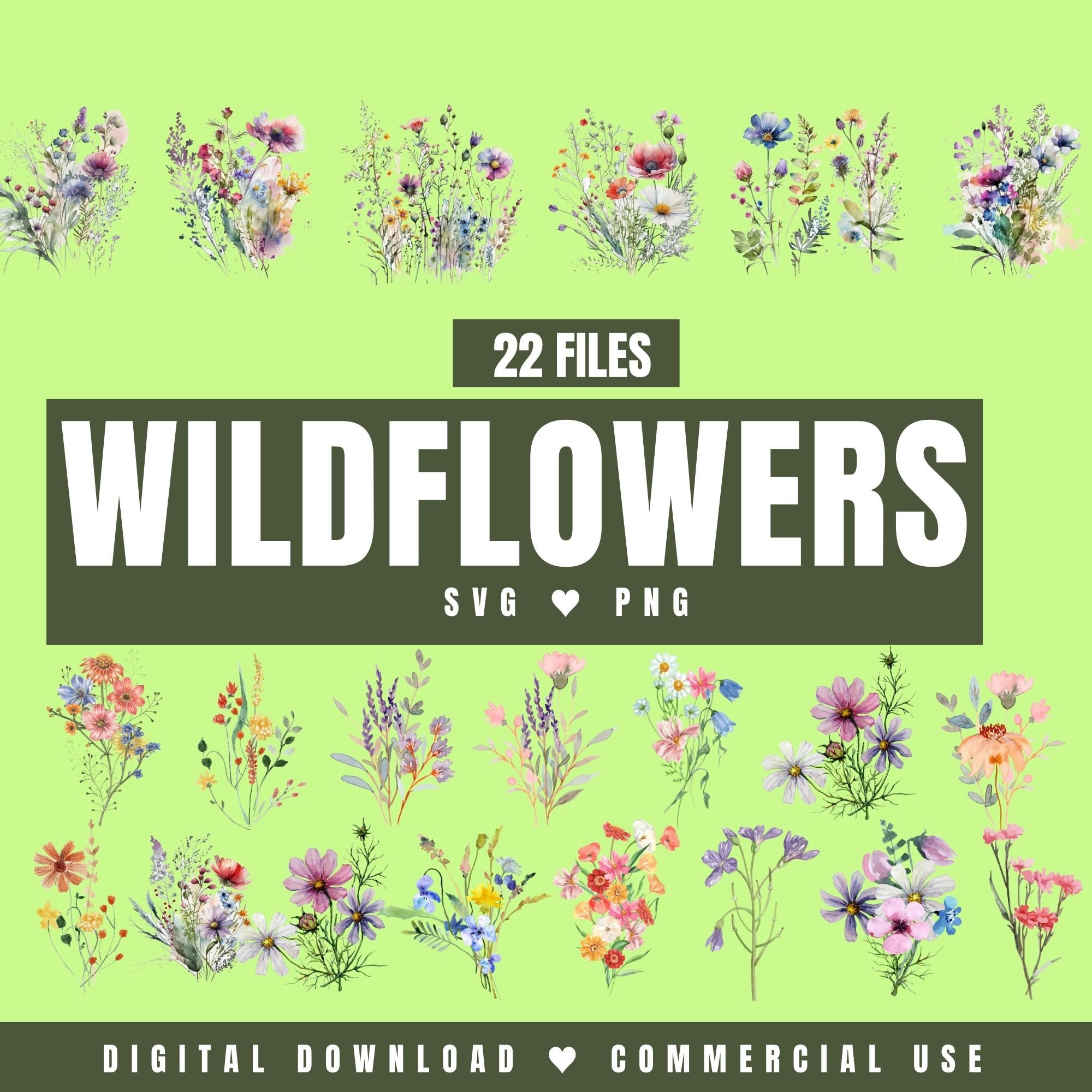 Wild Flowers Watercolor SVG PNG Clipart Bundle for Cricut Leaf ...