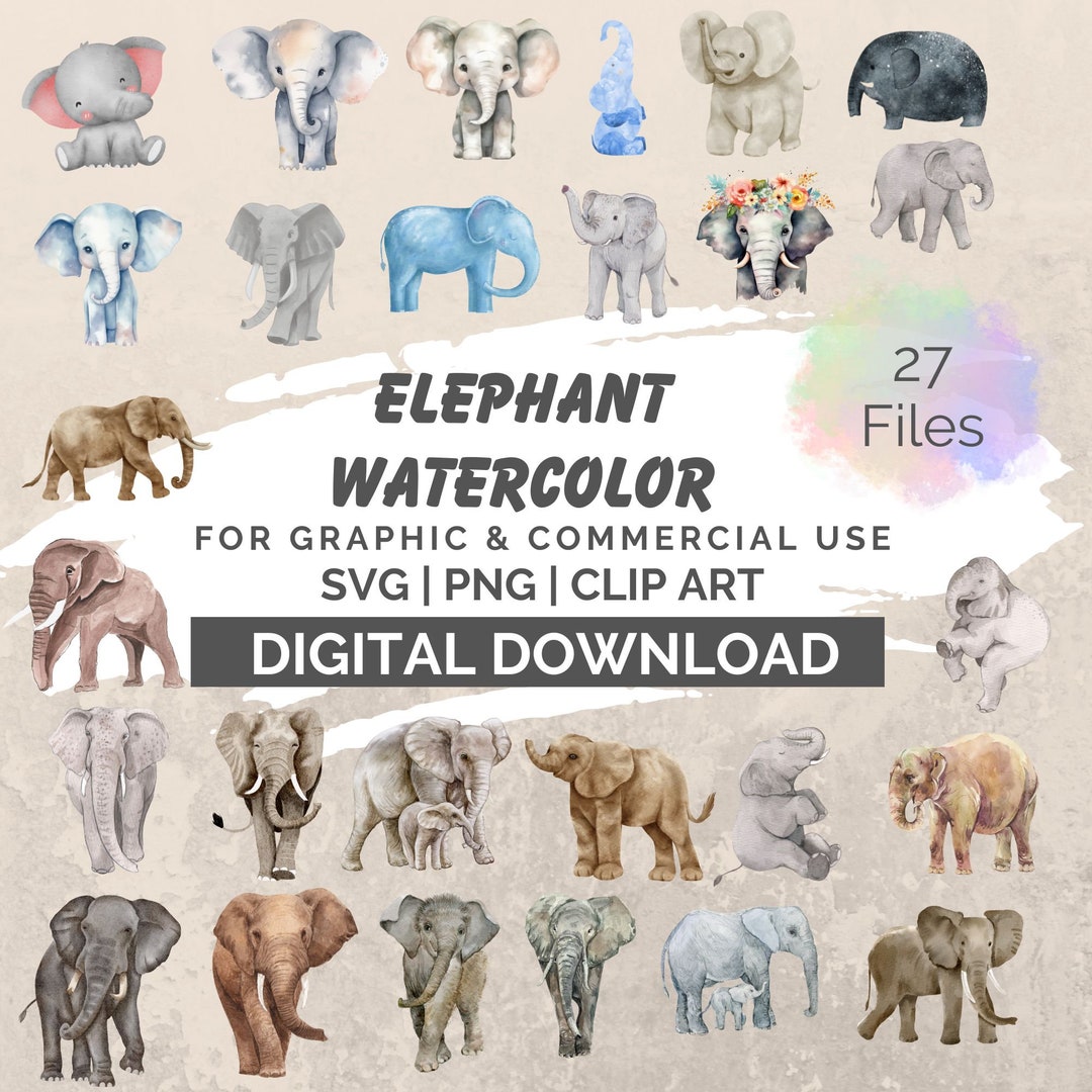 Elephant Watercolor SVG PNG Clipart Bundle Files for Cricut Safari Mega ...