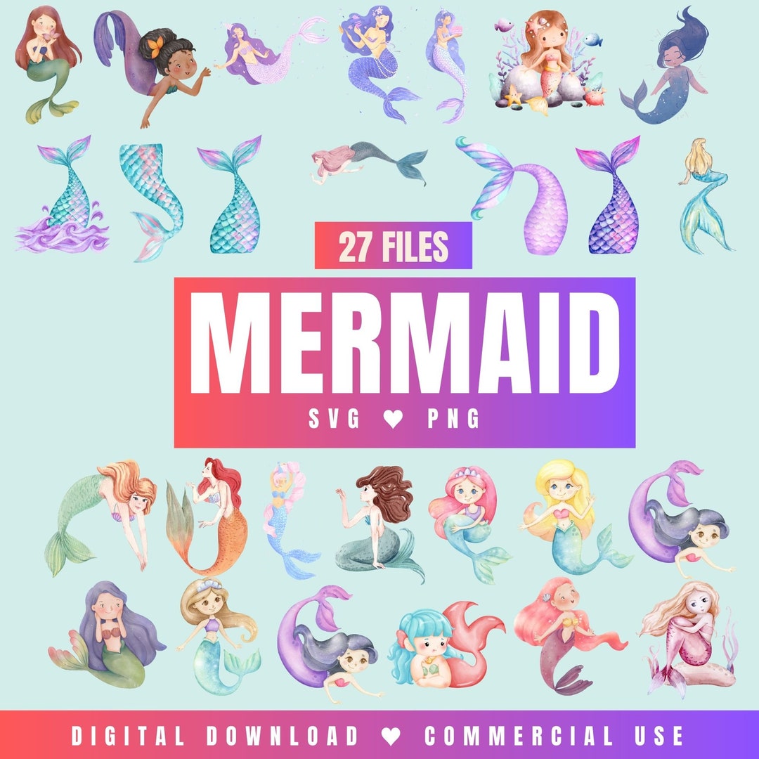 Mermaid SVG PNG Clip Art Bundle Watercolor Files for Cricut Mega Pack ...