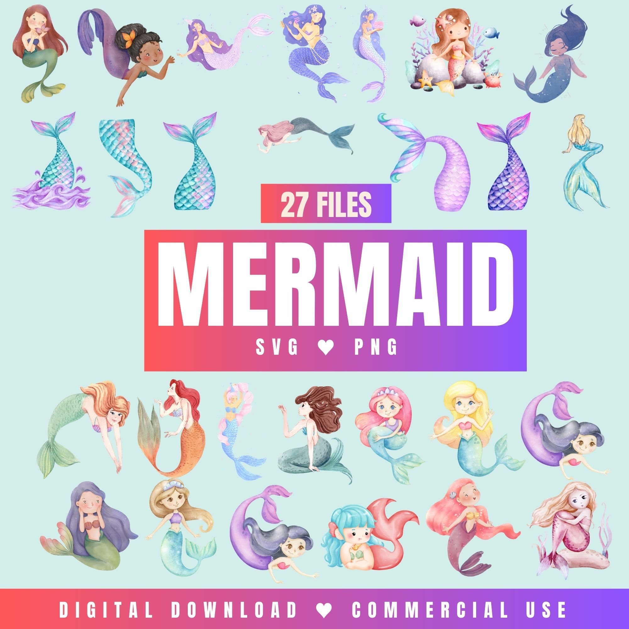 Mermaid SVG PNG Clip Art Bundle Watercolor Files for Cricut Mega Pack ...