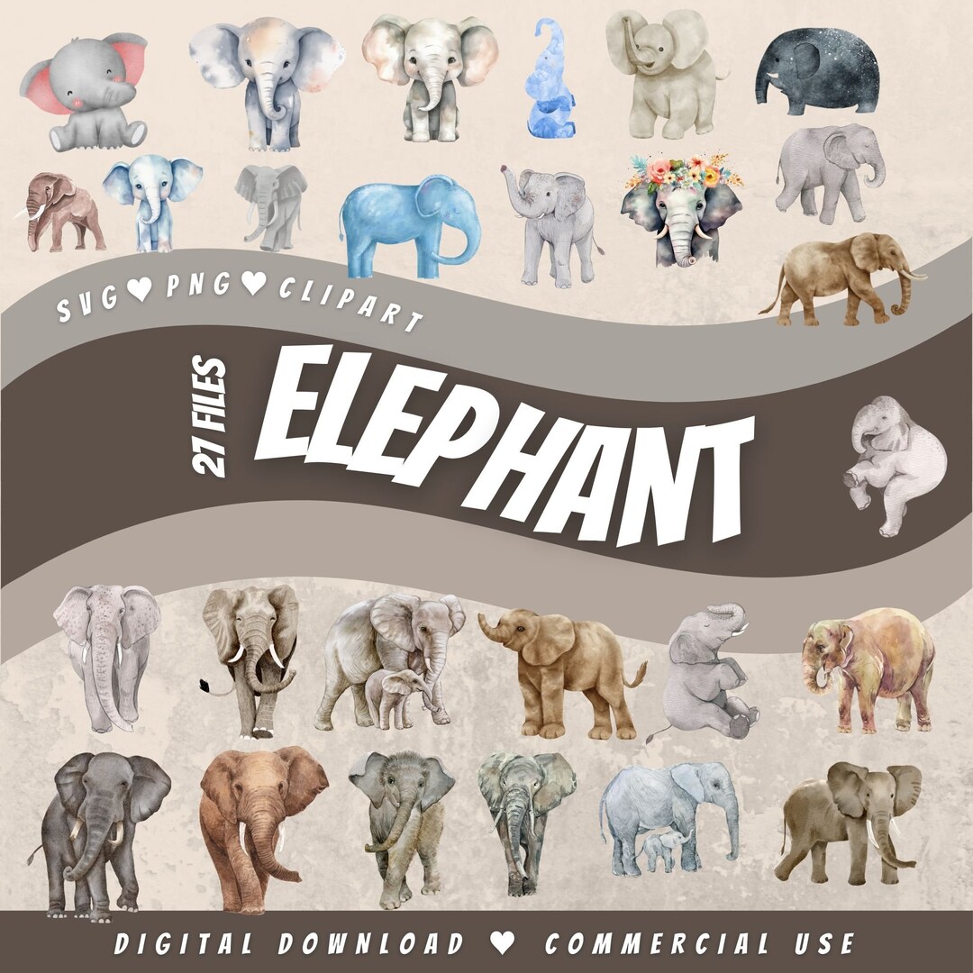 Elephant Watercolor SVG PNG Clipart Bundle Files for Cricut Safari Mega ...