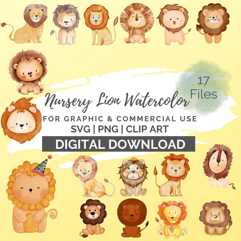 Baby Lion Watercolor SVG PNG Clipart Nursery Bundle Files for Cricut ...