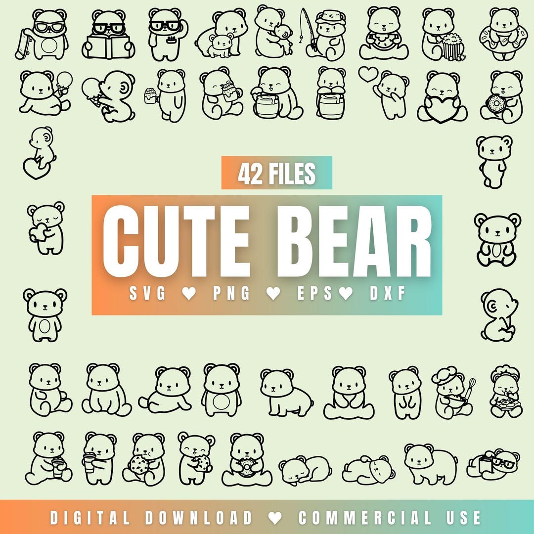 Cute Bear Kawaii Outline Clipart SVG PNG Dxf Eps Bundle for Cricut Cute ...