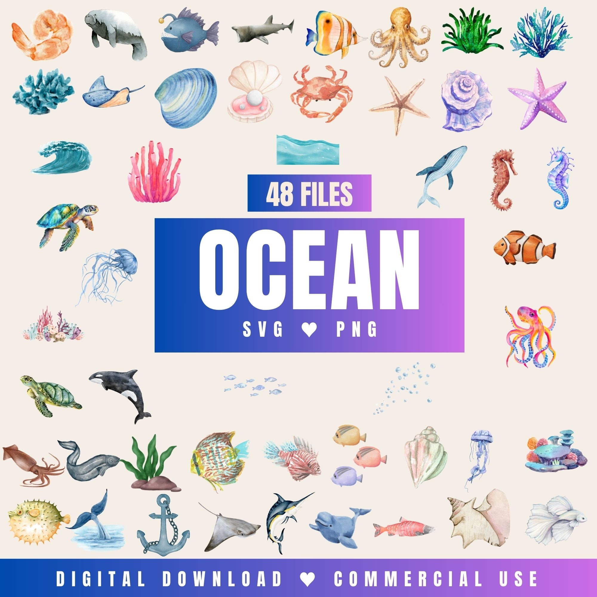 Ocean World Watercolor SVG PNG Clipart Bundle for Cricut Nautical ...