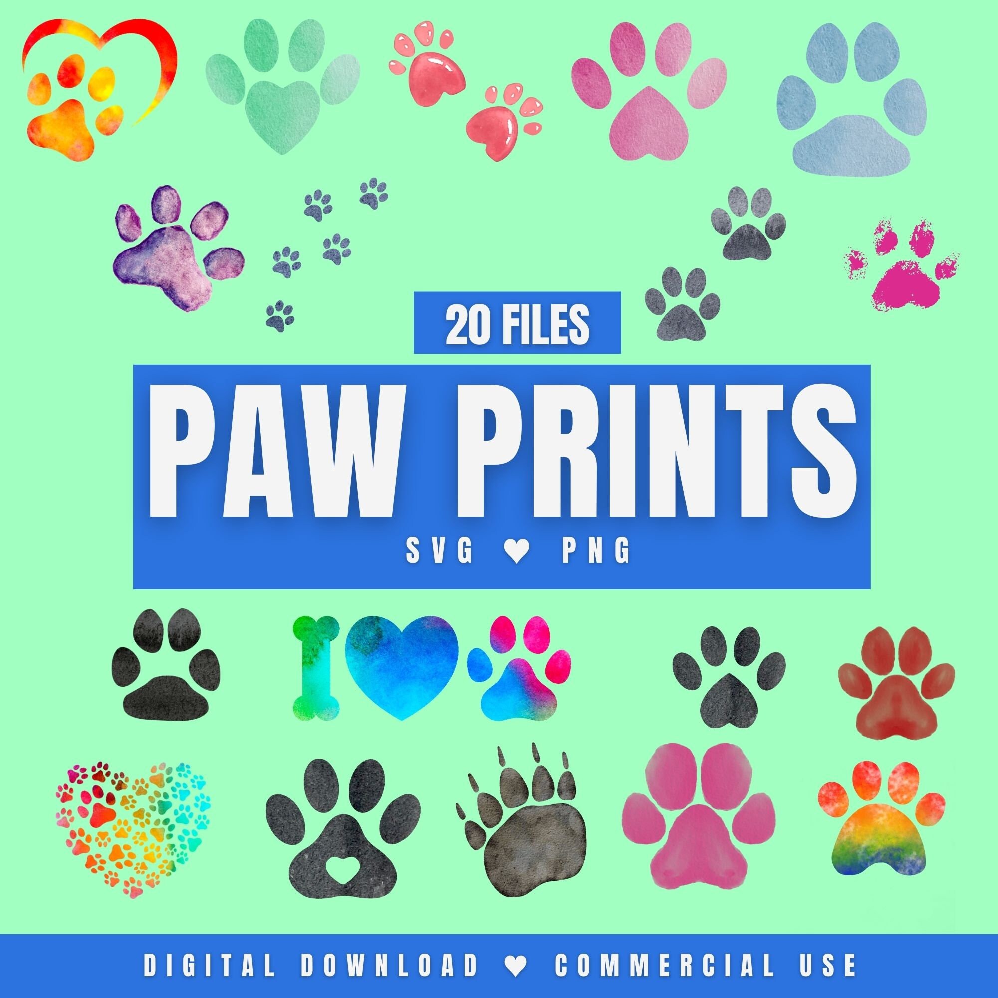 Paw Print Watercolor SVG PNG Clipart Bundle Files for Cricut Dog Mega ...