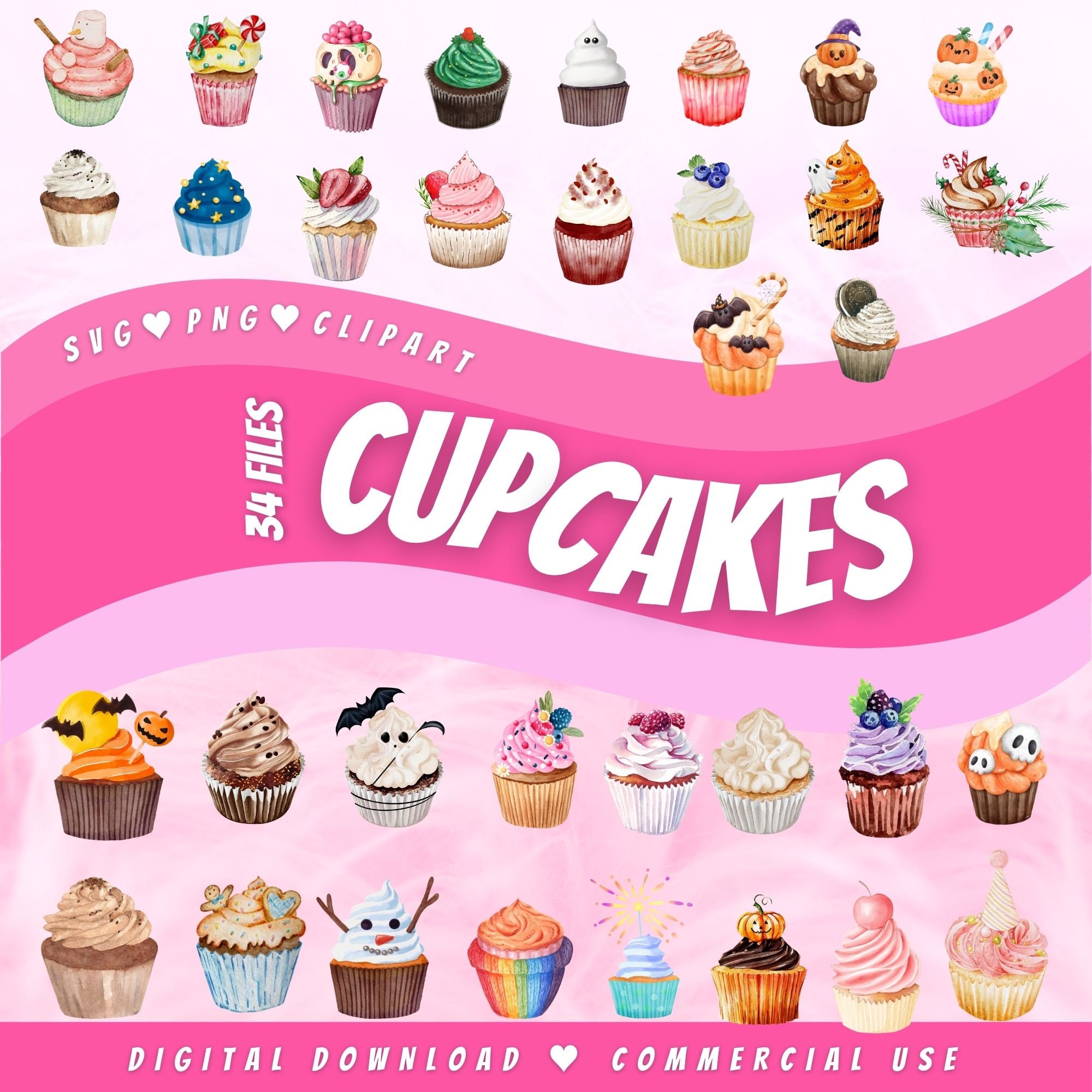 Cupcake Watercolor SVG PNG Clipart Bundle Files for Cricut Cupcakes ...