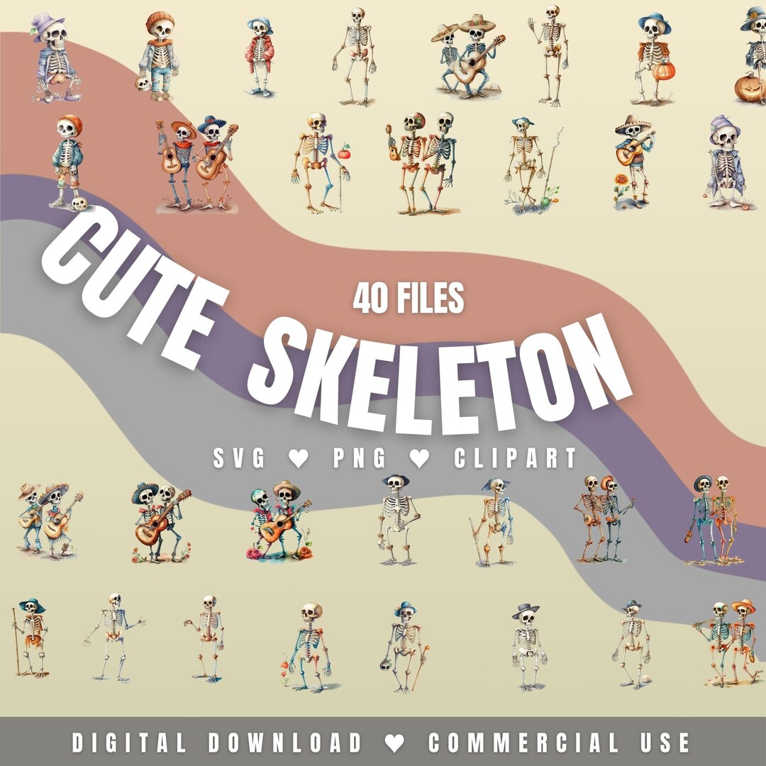 Cute Skeleton Watercolor SVG PNG Clipart Bundle Skull for Cricut ...