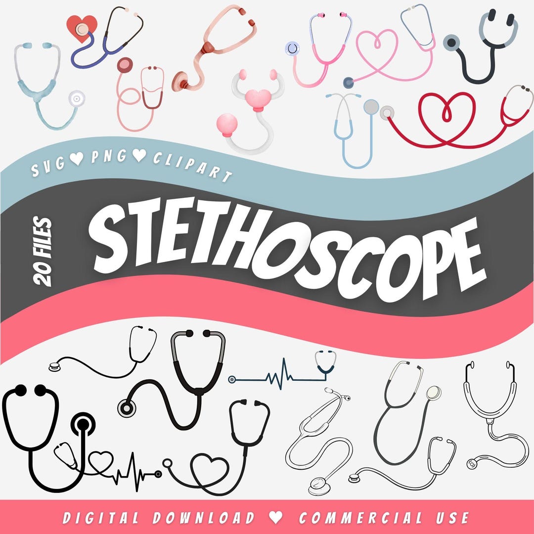 Stethoscope Watercolor SVG PNG Clipart Outline Bundle Files Silhouette ...