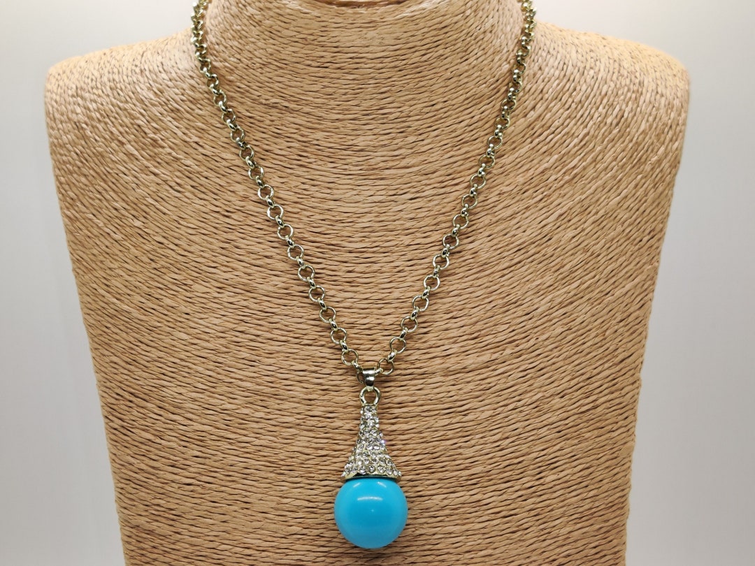Turquoise Colored Bead With Rhinestone Horn Necklace. - Etsy