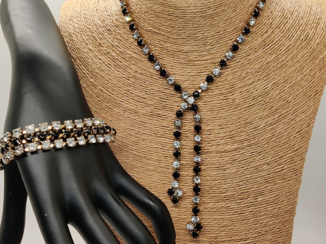 Black and White Rhinestone Negligee / Choker Necklace and Bracelet Set ...