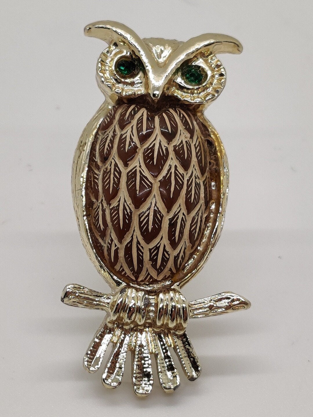 Gold Tone Brown Jelly Belly Owl Brooch Green Eyes - Etsy