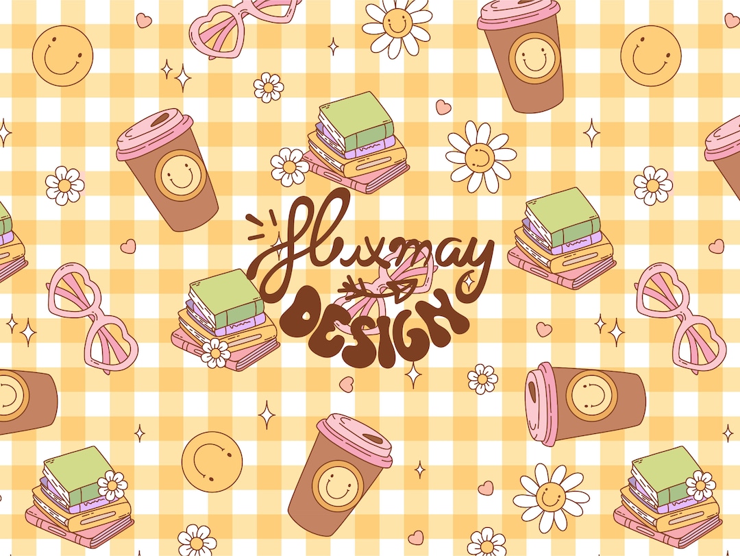 Bookish Seamless Repeating Pattern - Coffee and Books Retro Fabric ...