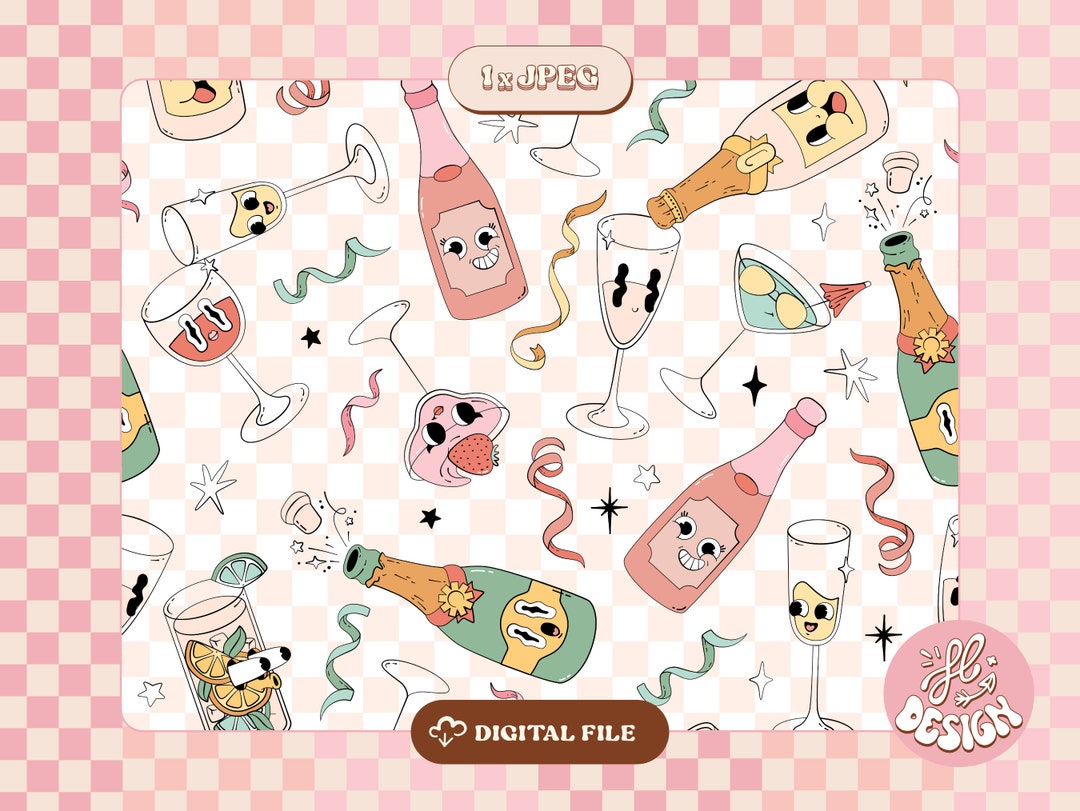 Retro Party Cheers Seamless Pattern: Groovy Birthday Fabric Print (JPEG ...