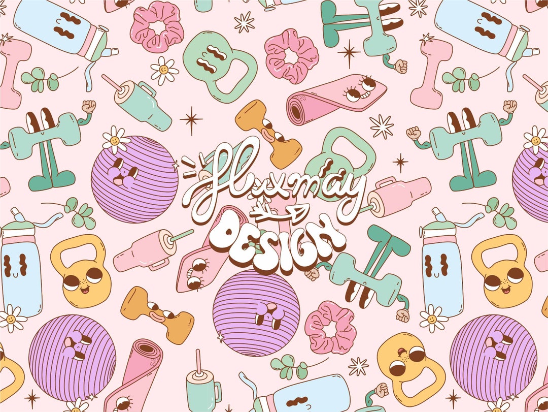 Retro Groovy Sports Pattern: Funny Workout Characters (PNG Digital ...