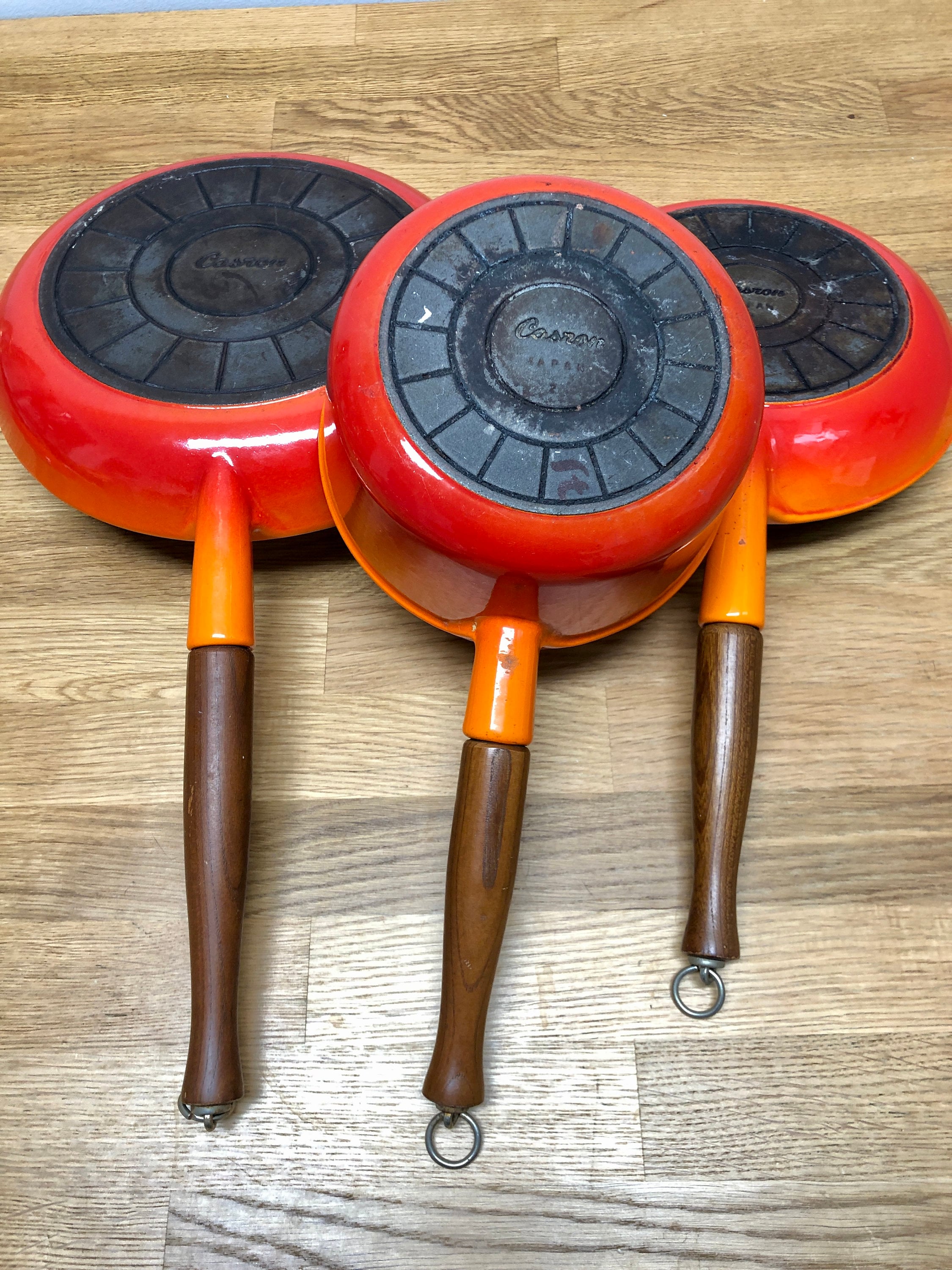 RARE Vintage Casron Red-orange Skillets and Sauce Pat Set Enamel Cast ...