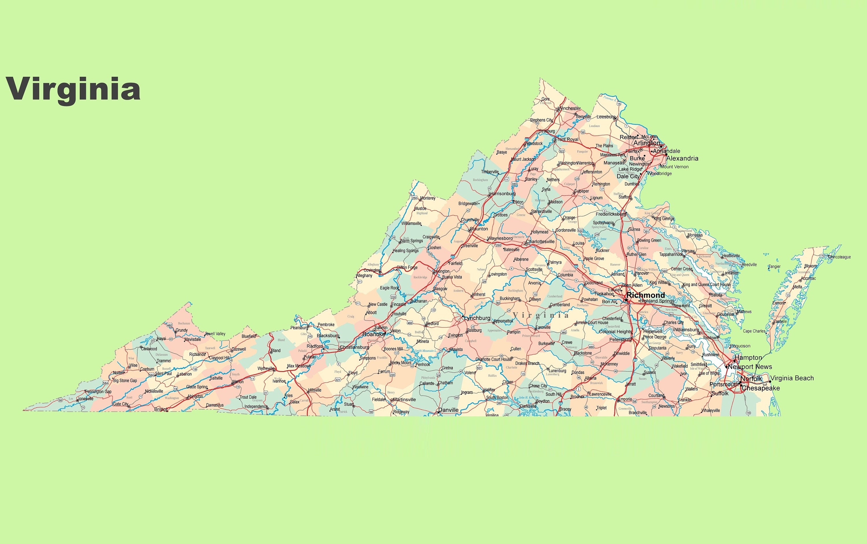 Virginia State Road Map United States County City Wall Print Picture ...