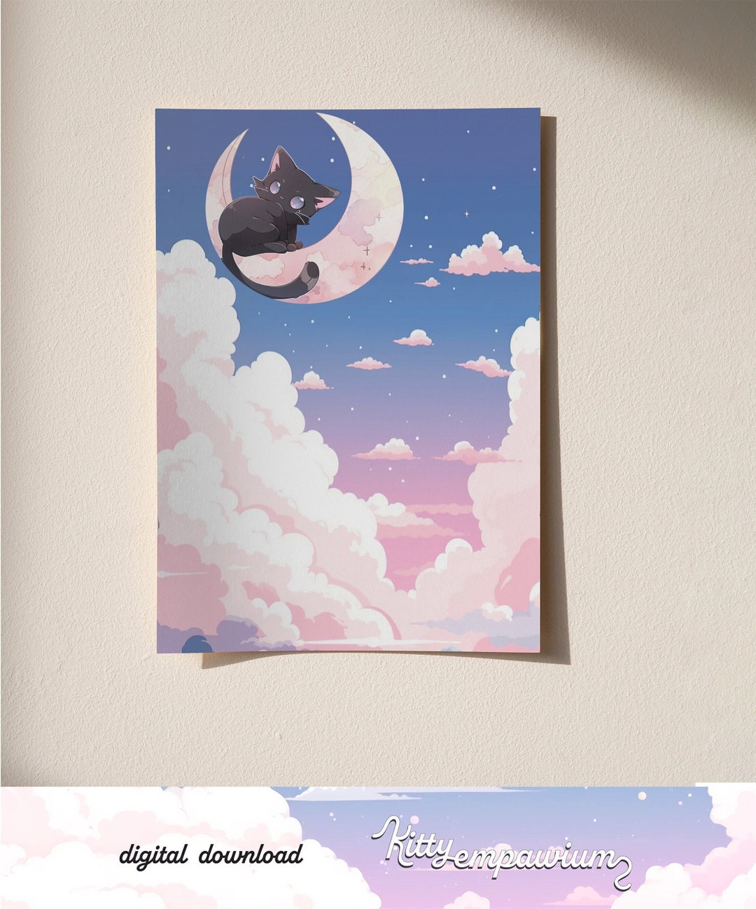Cloudy Feline Fantasy: Dreamy Cat in the Clouds Illustration - Instant ...