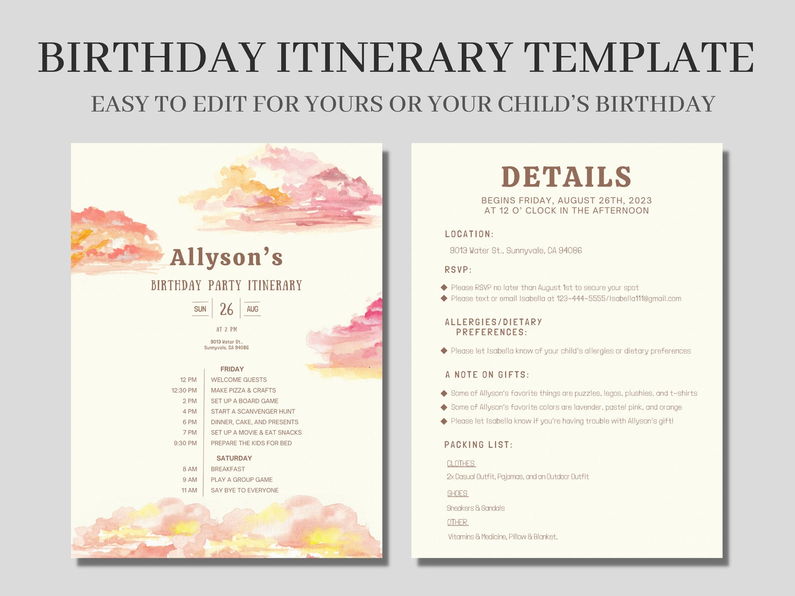 Birthday Party Itinerary Template, Birthday Template, Slumber Party ...
