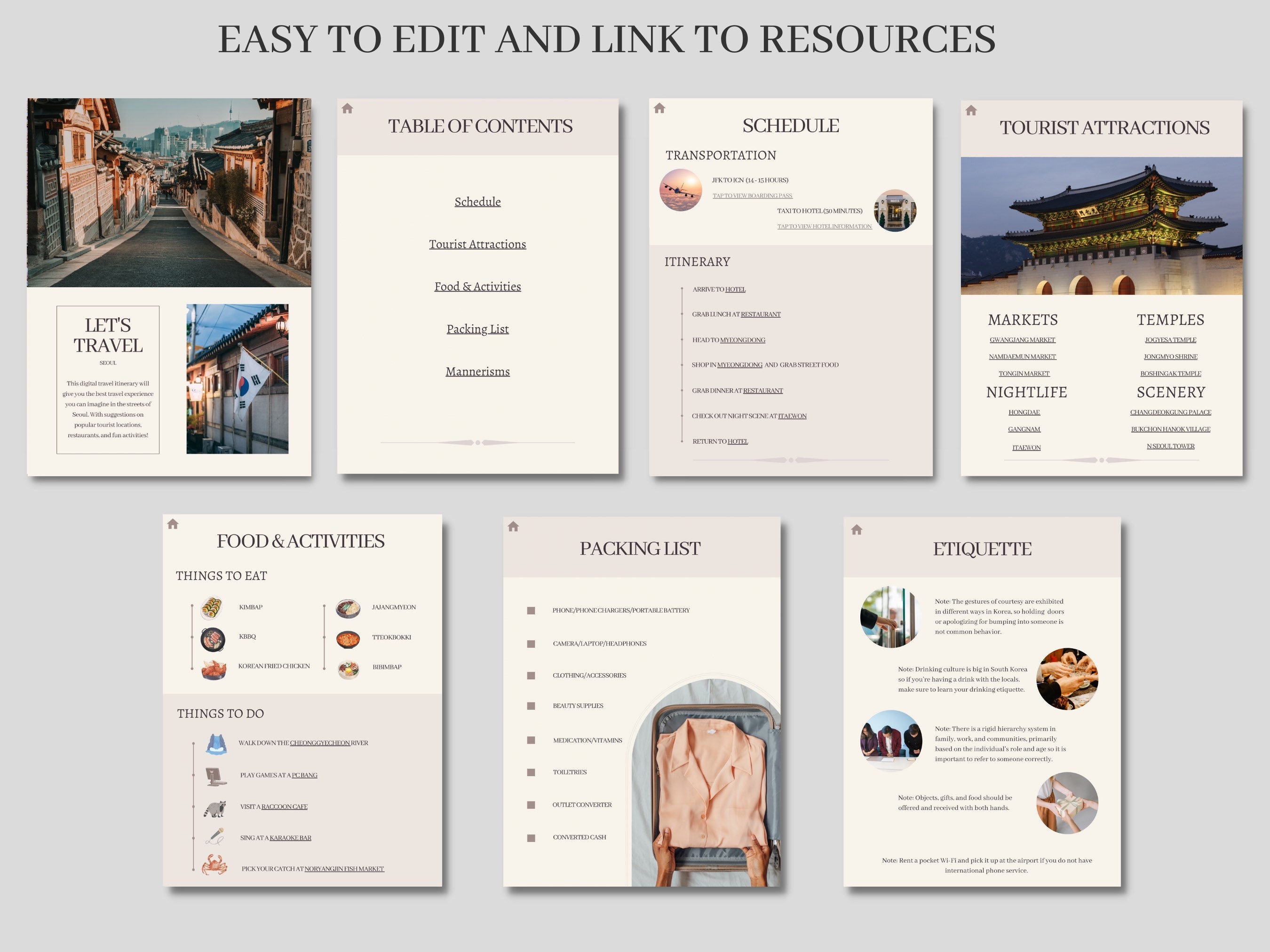 Digital Travel Itinerary Template Guide, Seoul, Korea, Modern Vacation ...