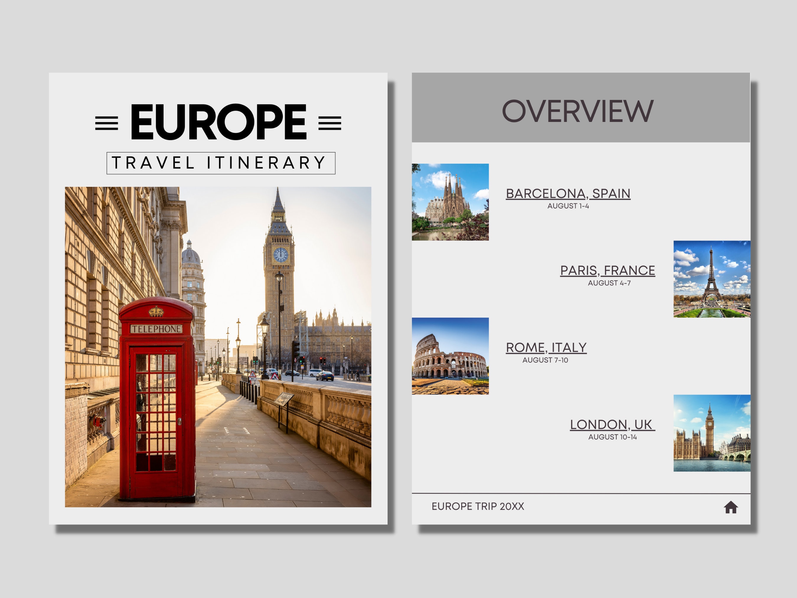 Digital Travel Itinerary Template, Minimalist Europe Trip Guide, Modern ...