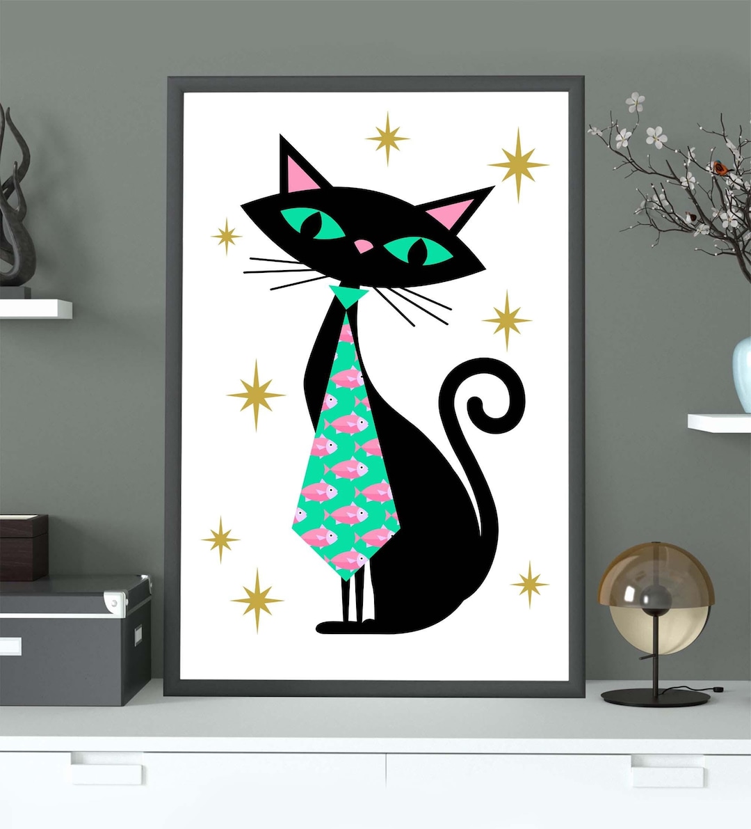 Cool Mid Century Modern Black Cat Print | Cat Lover Present, Retro Bar ...